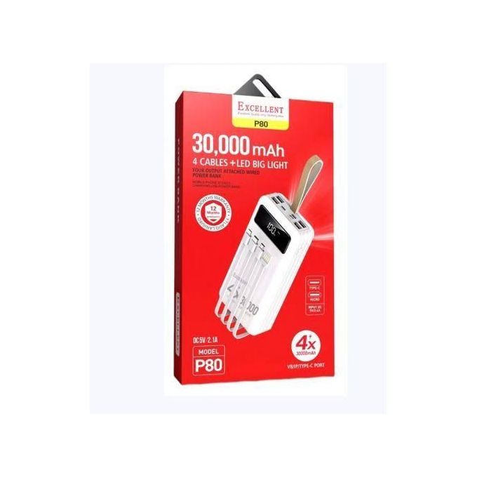 Excellent P80 30,000mAh 4 Cables + LED Big Light Power Bank